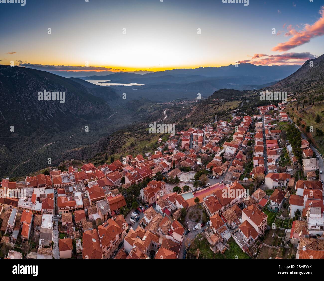 Aerial view of Delphi, Greece, the Gulf of Corinth, orange color of ...