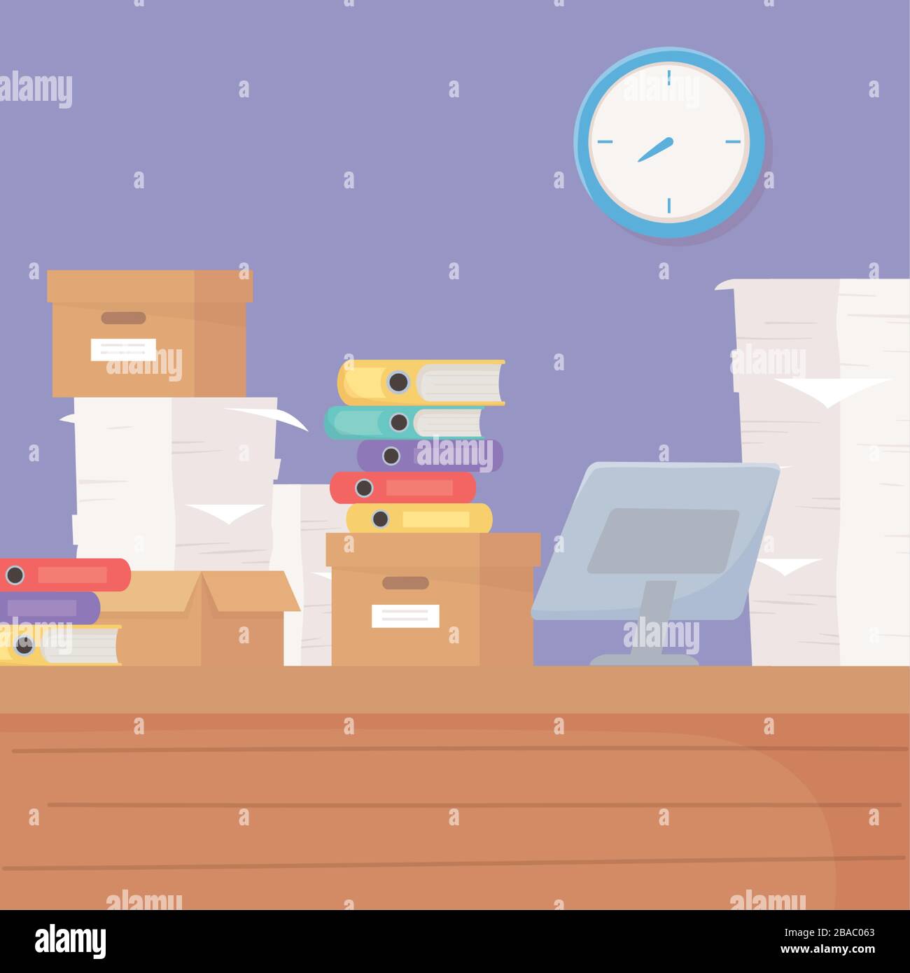 office documents pile boxes binders and computer work frustration ...