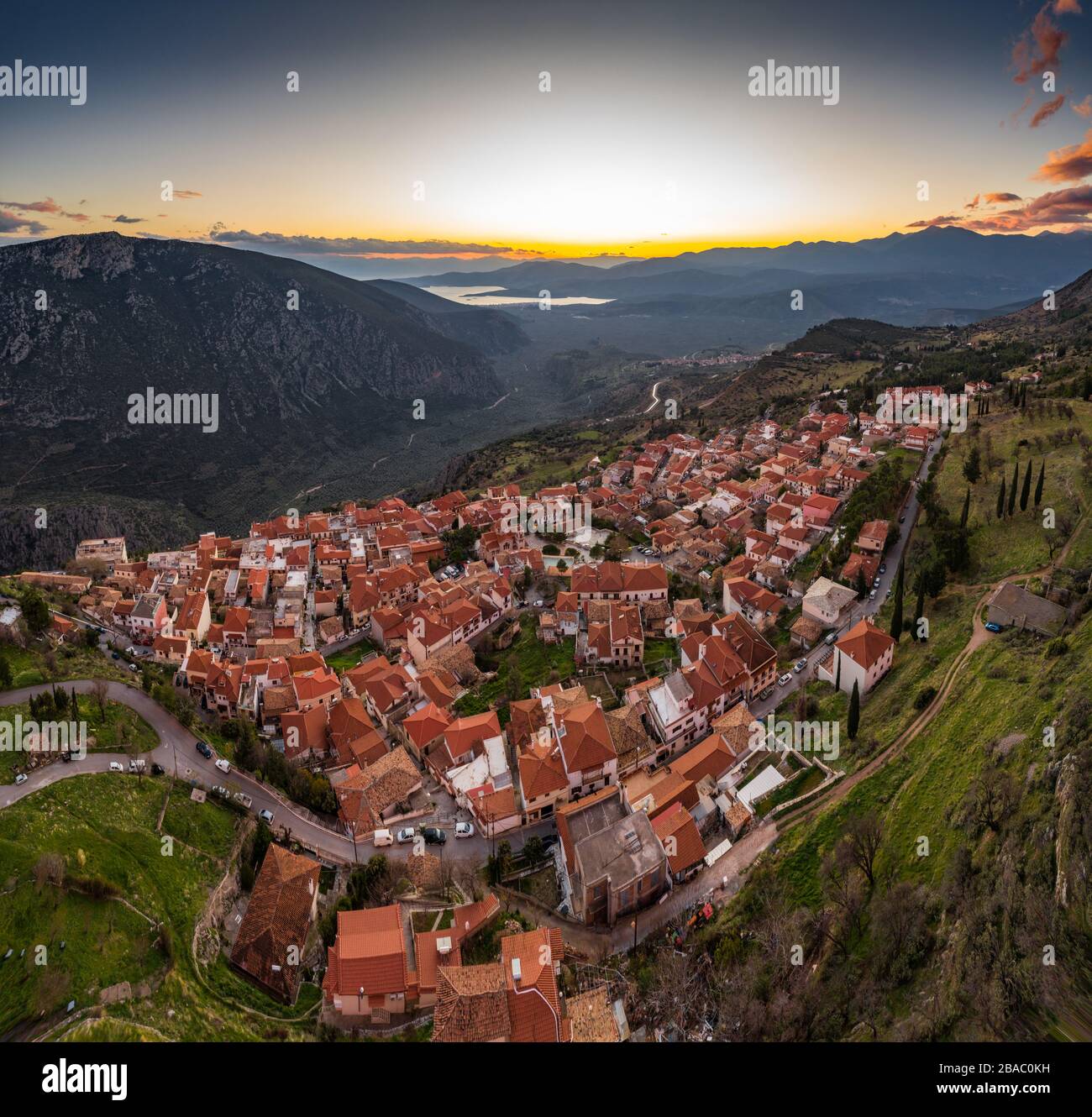 Aerial view of Delphi, Greece, the Gulf of Corinth, orange color of ...