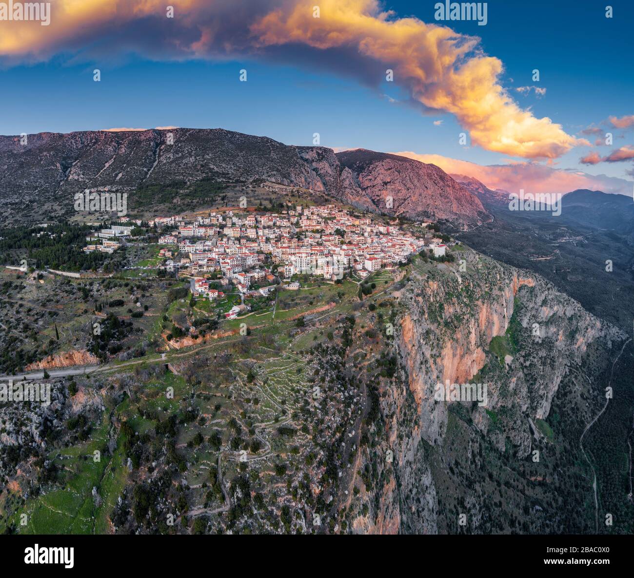 Aerial view of Delphi, Greece, the Gulf of Corinth, orange color of ...