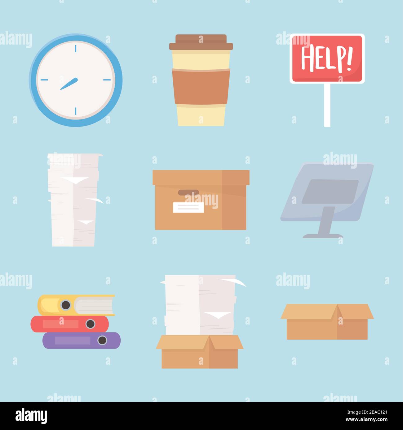 stress office work clock coffee cup pile paperwork computer binders ...