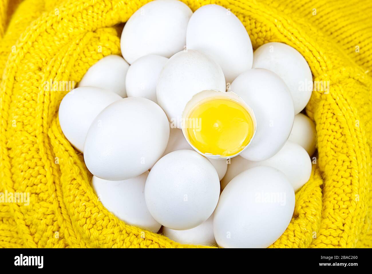 white chicken eggs in yellow wool sweater. lot of white eggs close up ...