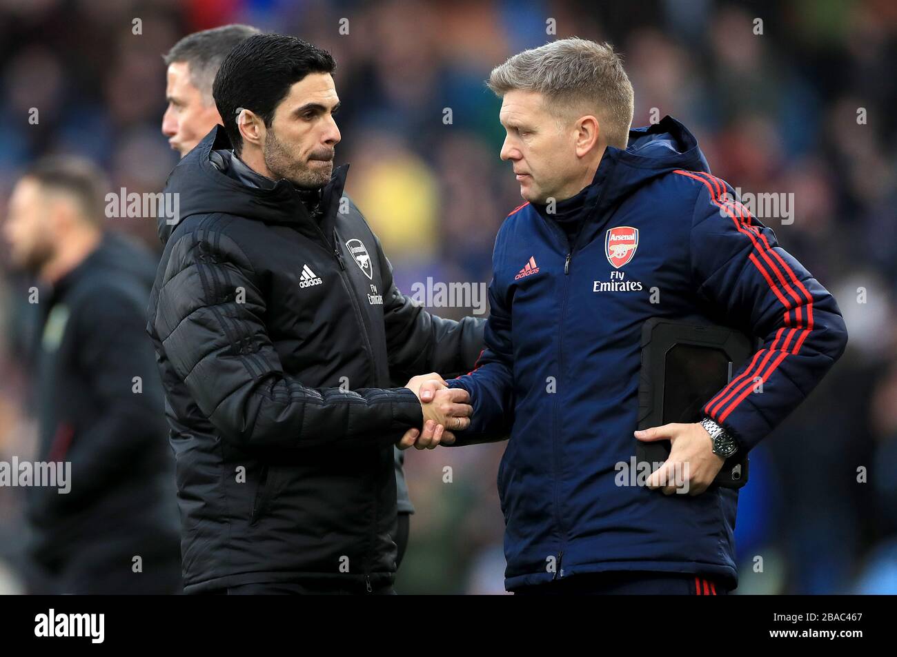 Arsenal manager Mikel Arteta (left) and assistant manager Steve Round ...