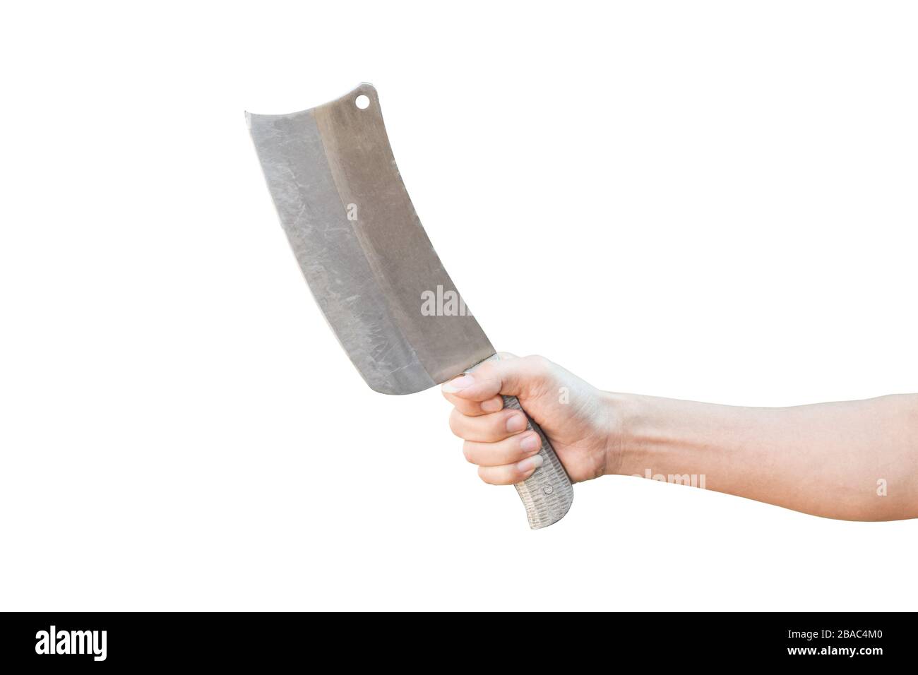 Hand holding butcher knife isolated on white background with clipping ...