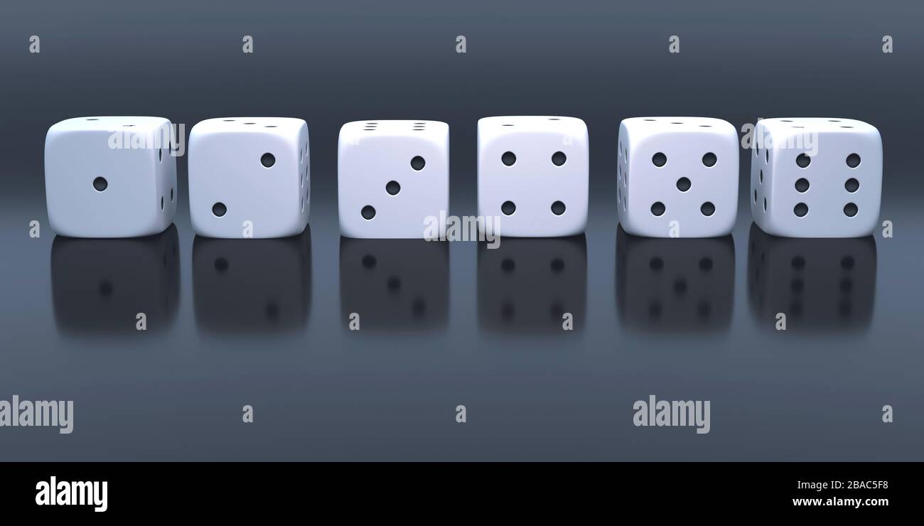 Set of dice in a raw from one to six on black background 3d render ...