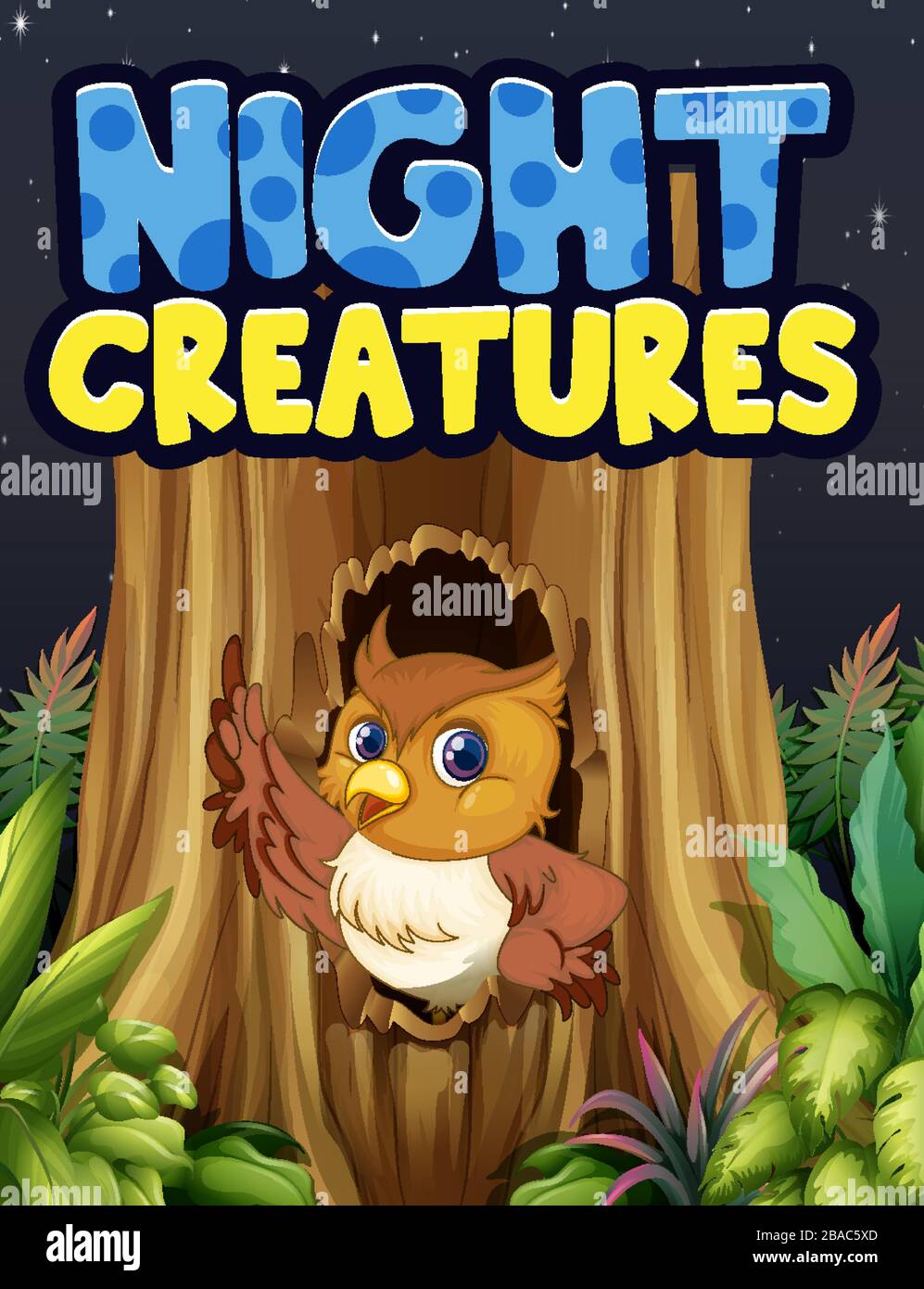 Scene background design for word night creatures with owl flying ...