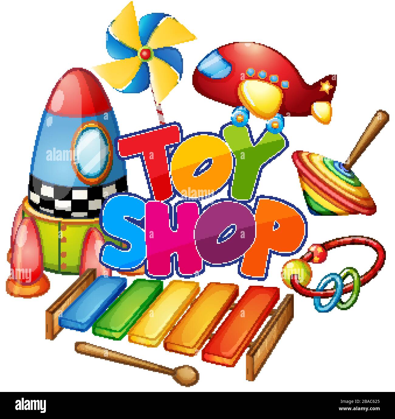 Font design for word toy shop with many toys on white background ...