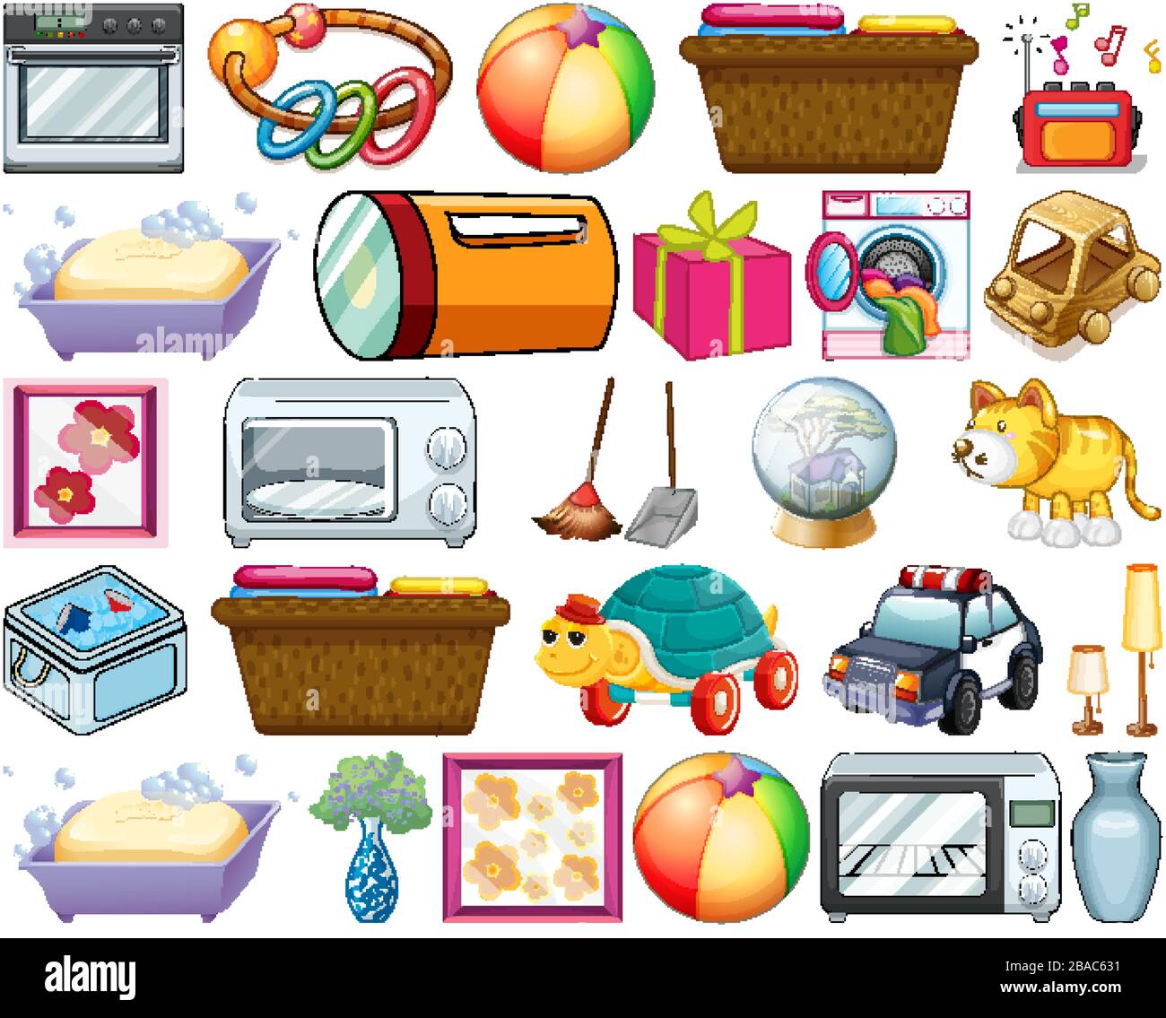 Large set of household items and many toys on white background ...