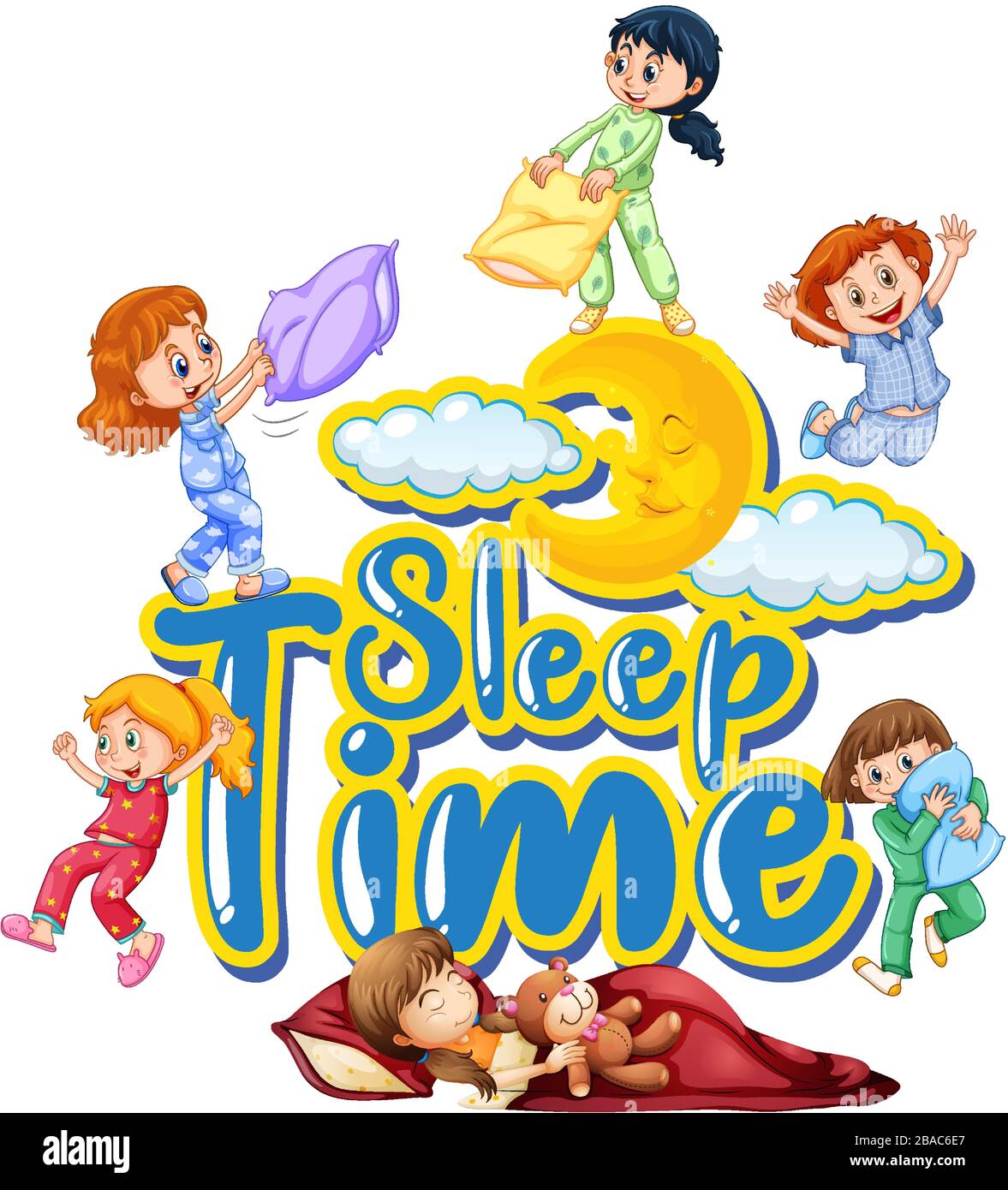 Font design for word sleep time with many kids in bed illustration ...
