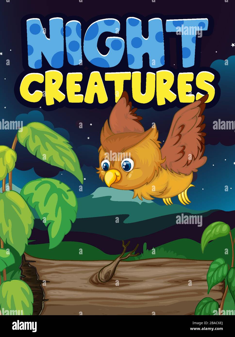 Scene background design with word night creatures with owl flying at ...