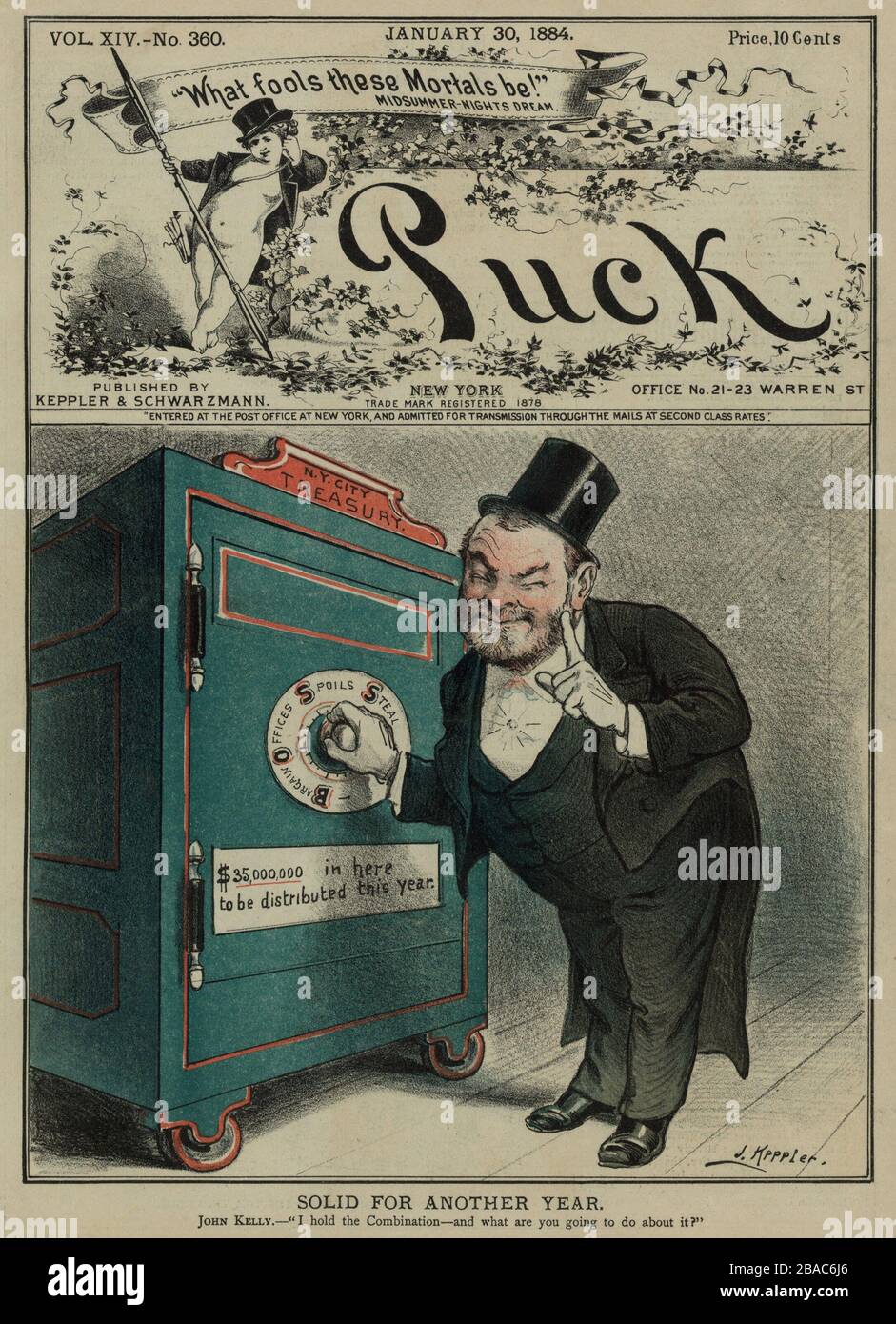 SOLID FOR ANOTHER YEAR, 1884 cartoon of John Kelly next to a safe ...