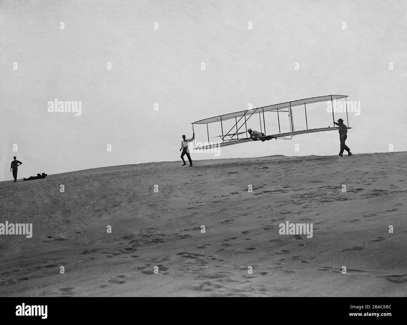 Wright Brothers' glider with a single vertical rudder before its flight ...
