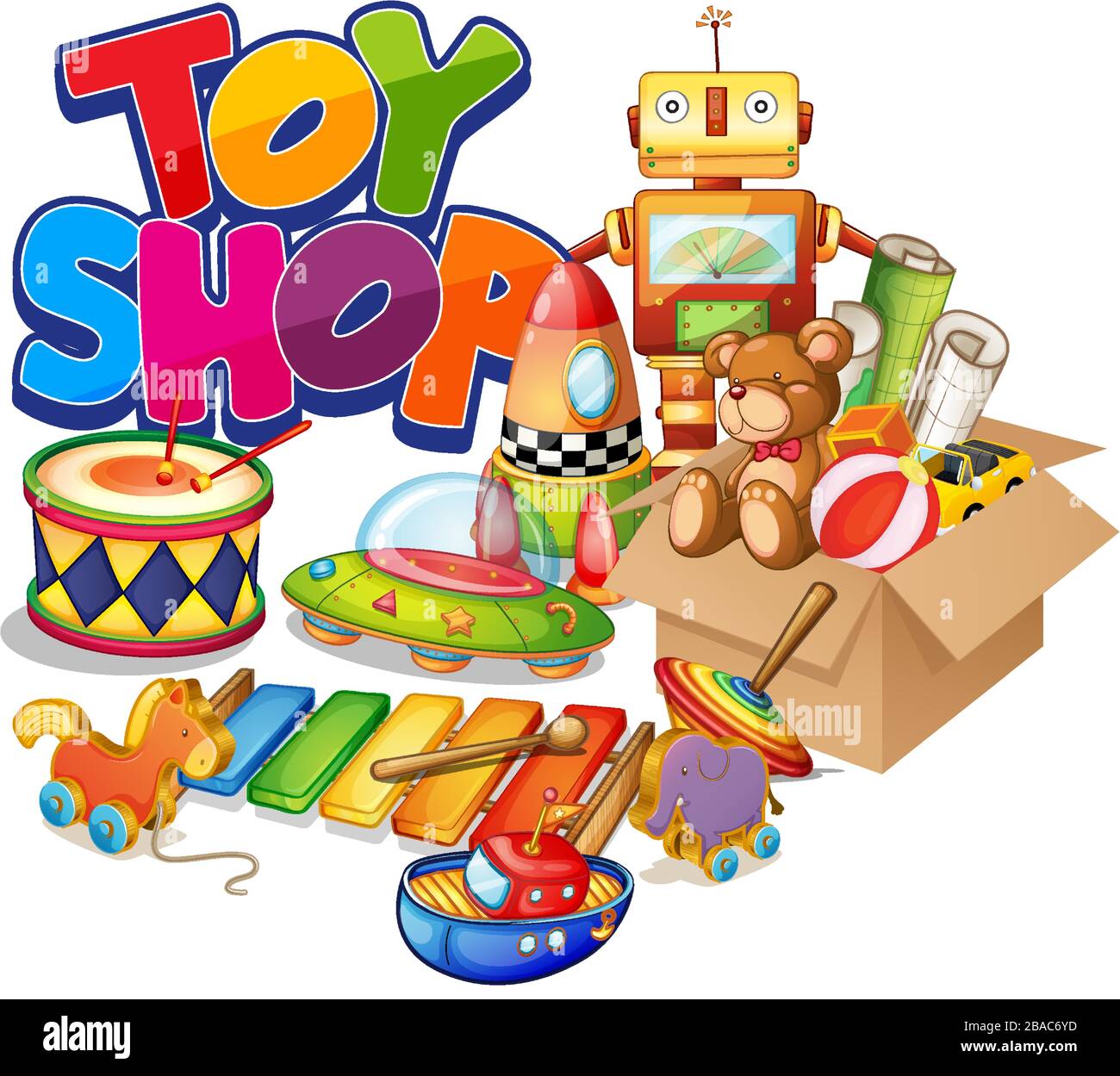 Font design for word toy shop with many toys on white background ...