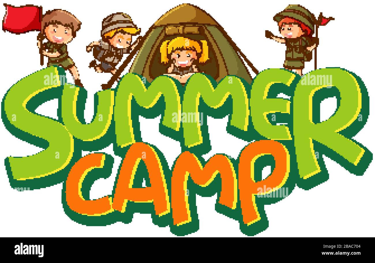 Font design for word summer camp with many kids in the tent ...