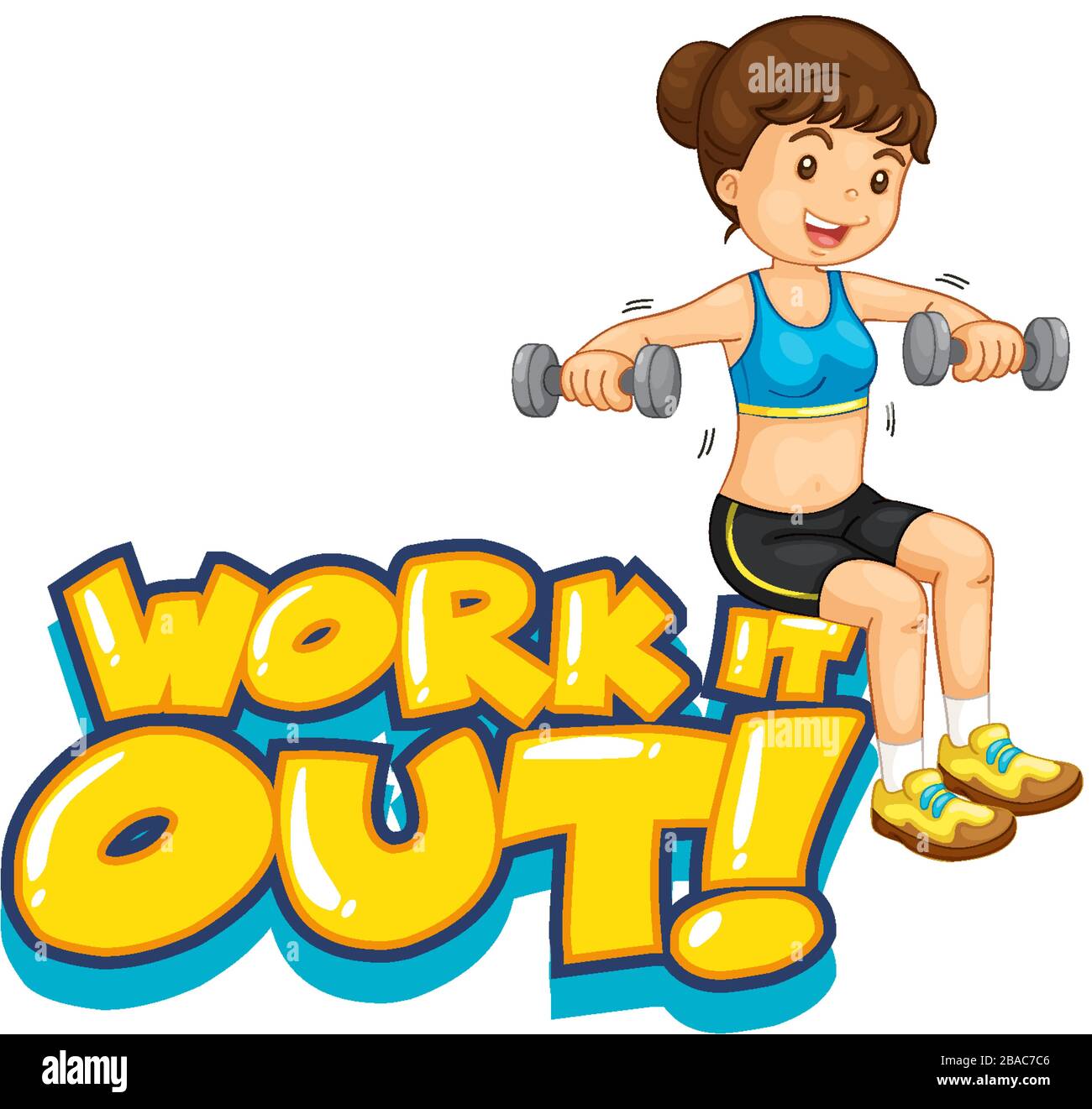 Font design for word work it out with woman lifting dumbbells ...