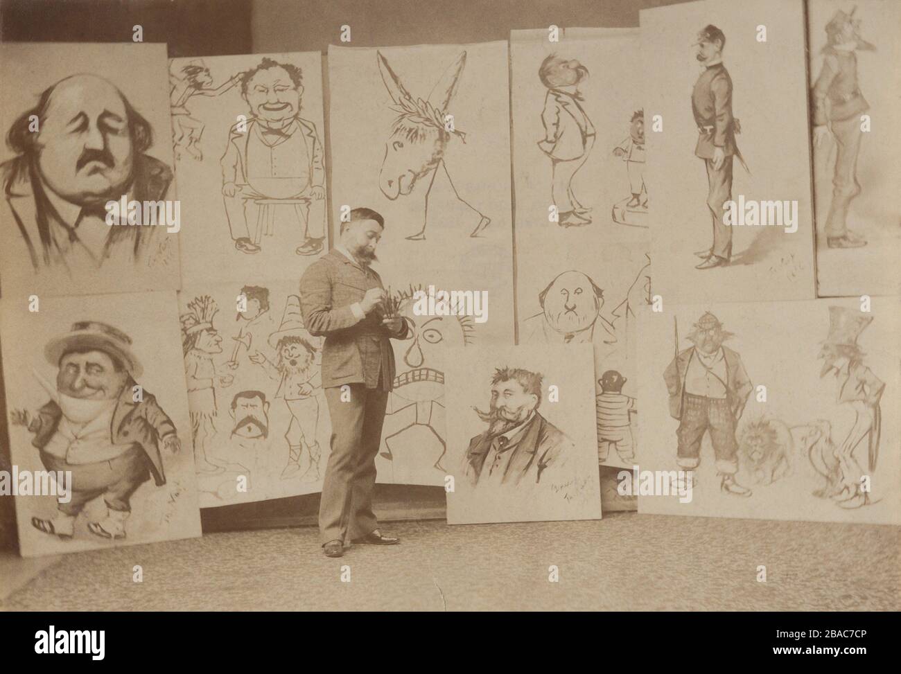 Thomas Nast with several of his caricatures, including two of himself ...