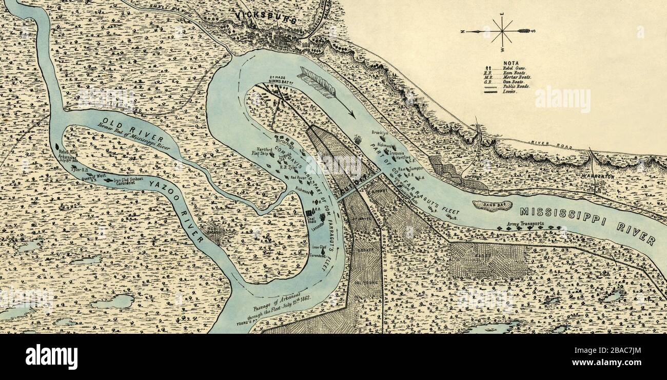 Civil War map and plan of the canal, fortifications and Union gunboats ...