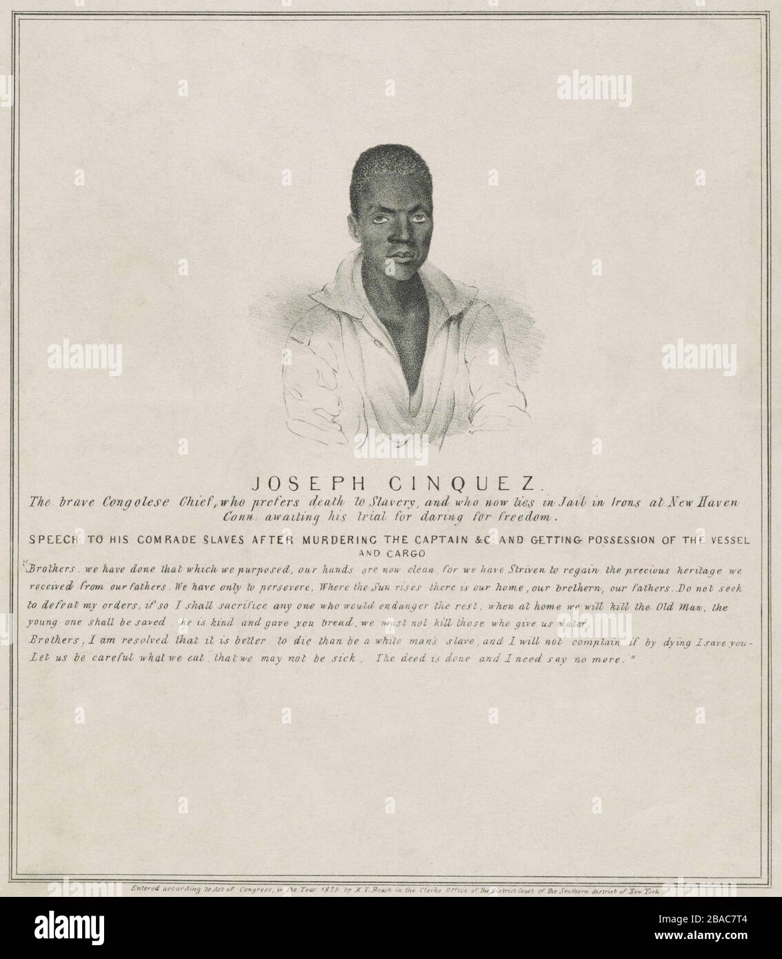 Portrait of Sengbe Pieh/Joseph Cinqué above a newspaper description of ...