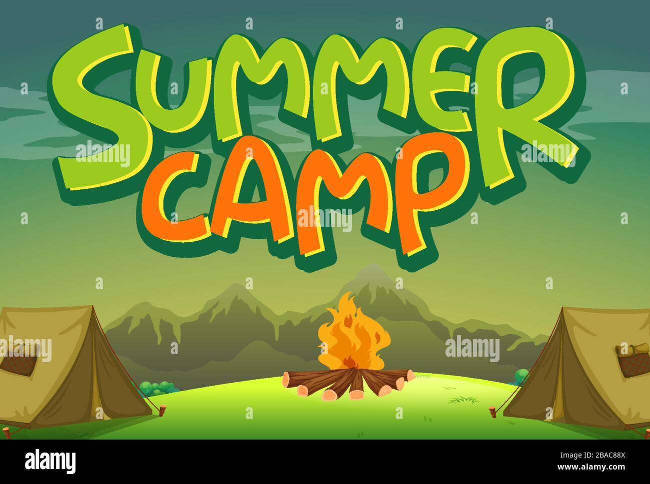 Scene background design for summer camp with tents and campfire on the ...