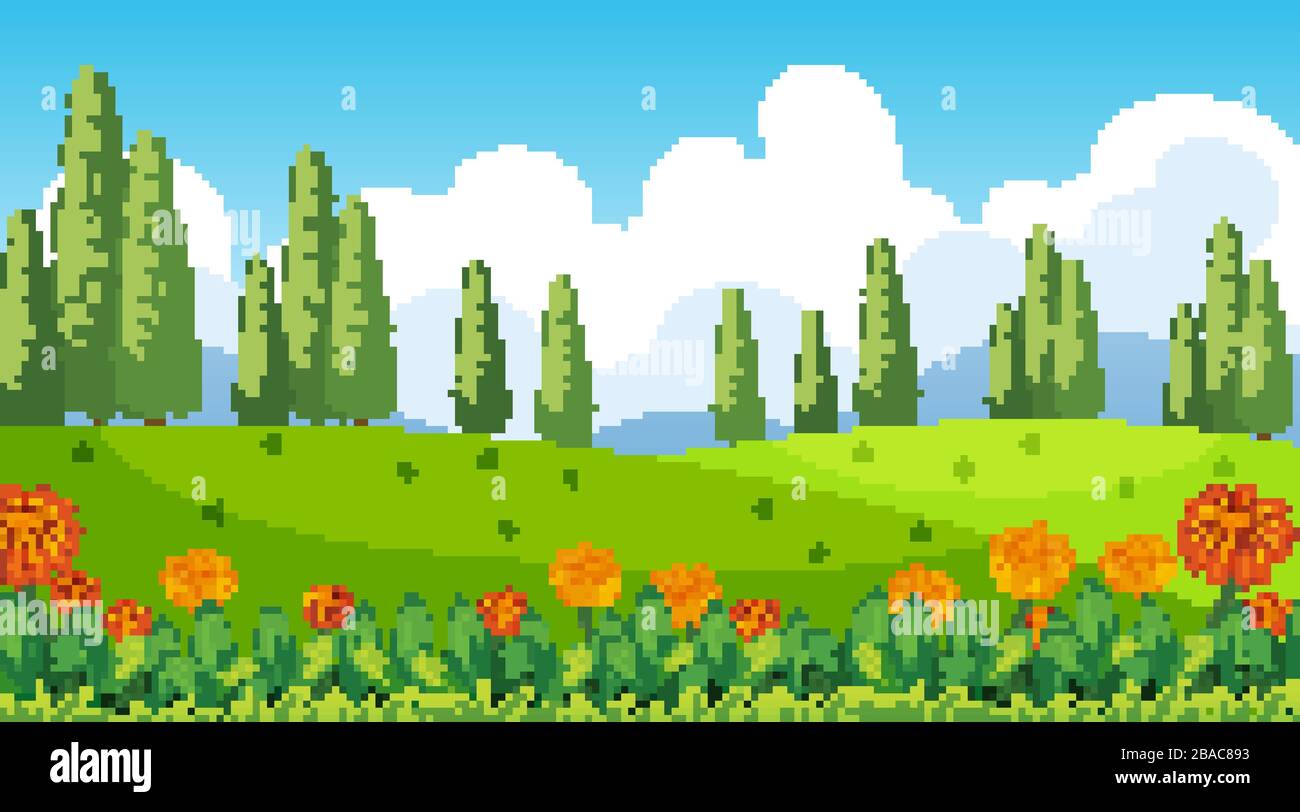 Nature scene background with flowers on the hills illustration Stock ...