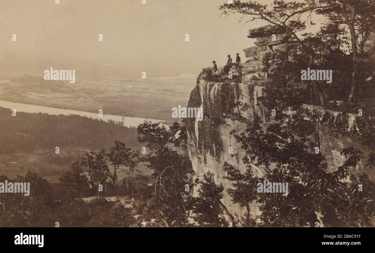 Three soldiers take in the view from Point Lookout, on Lookout Mountain ...