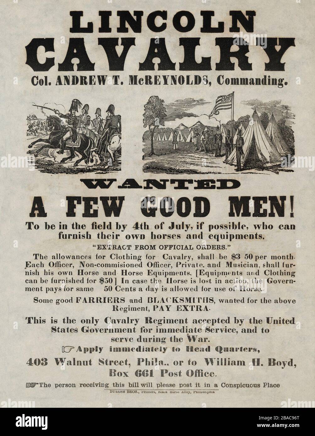 US Civil War recruiting poster for the Lincoln Calvary, being raised by ...
