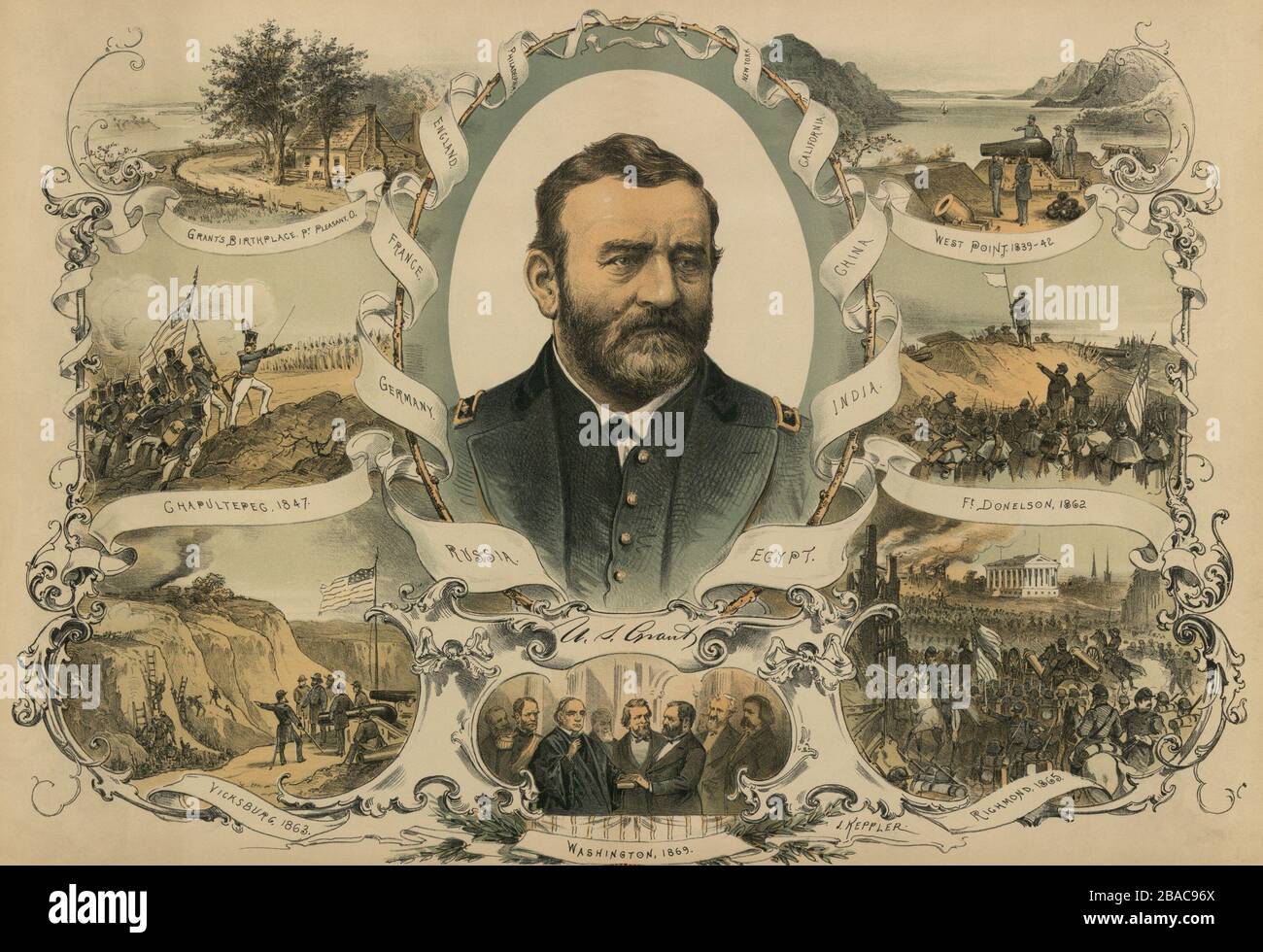 An 1885 memorial portrait celebrates Ulysses Grant. It features ...