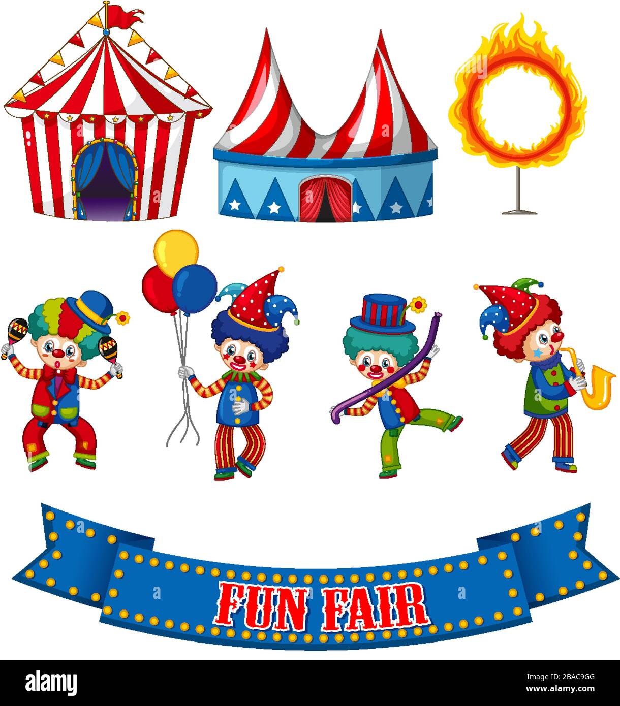 Set of circus clowns and tents on white background illustration Stock ...