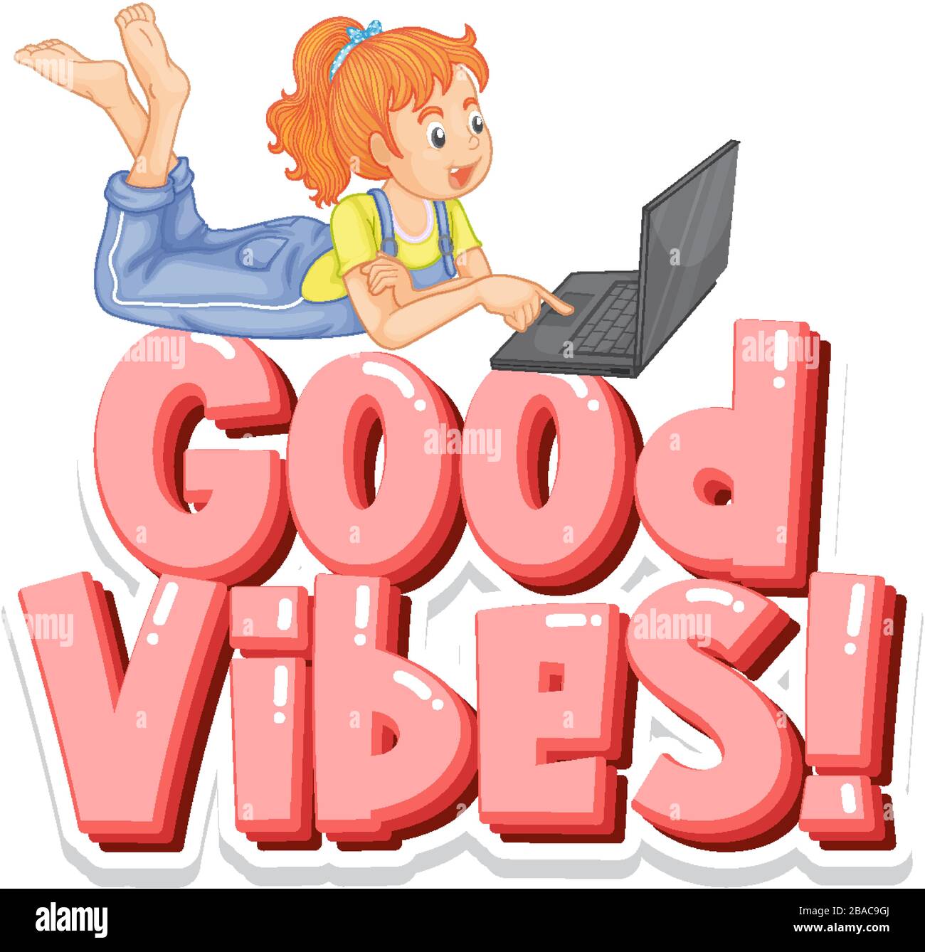 Font design for word good vibes with happy girl working on computer ...