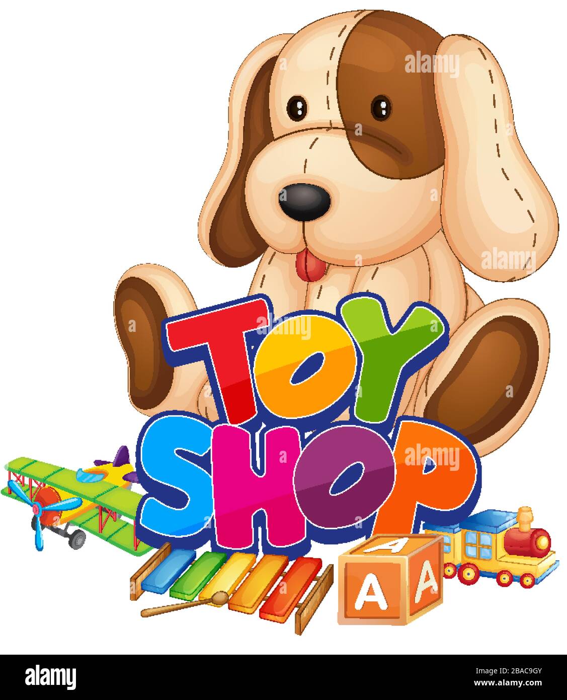 Font design for word toy shop with many toys on white background ...