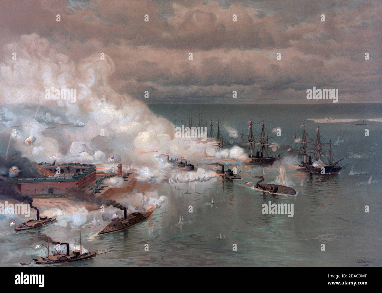 US Civil War. Battle of Mobile Bay, Aug. 5, 1864. The Union monitor, USS Tecumseh, leading the ...