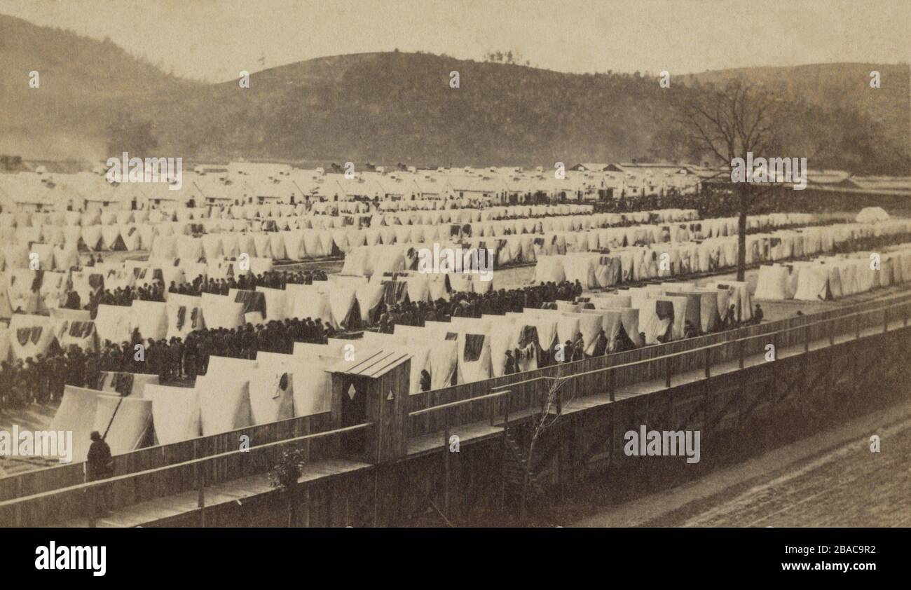 Tents and barracks within a stockade at Elmira Prison, Camp Rathburn ...