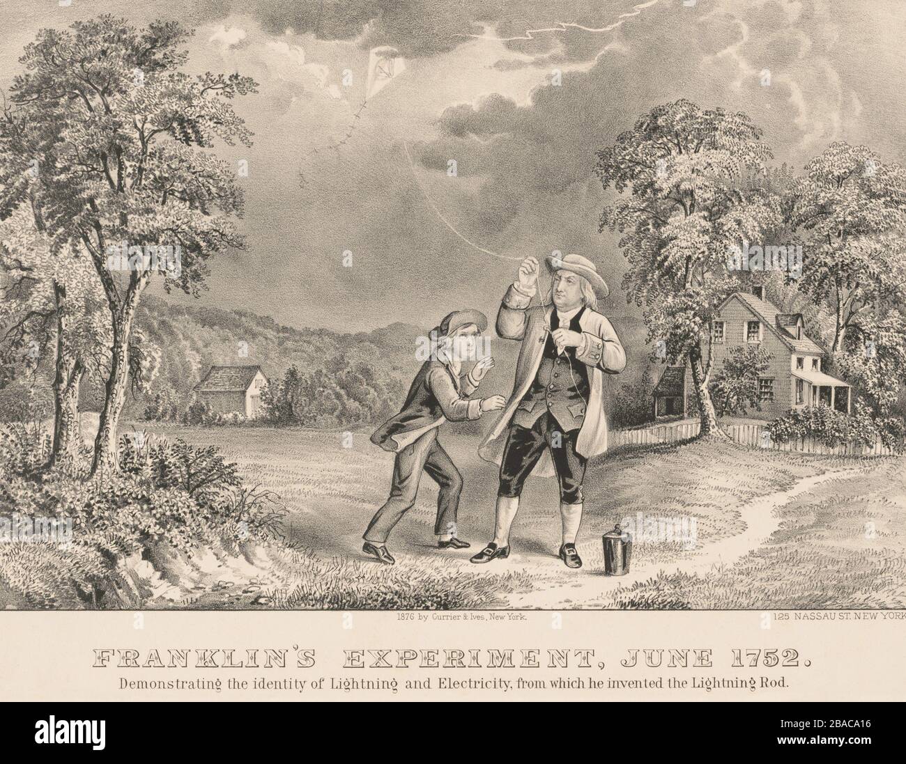The Benjamin Franklin and his son William Franklin experiment with lightning and electricity in ...