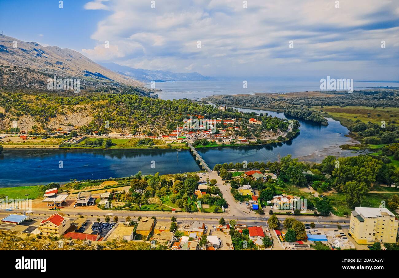 Shkoder Buna river nature in Albania panoramic aerial view Stock Photo ...