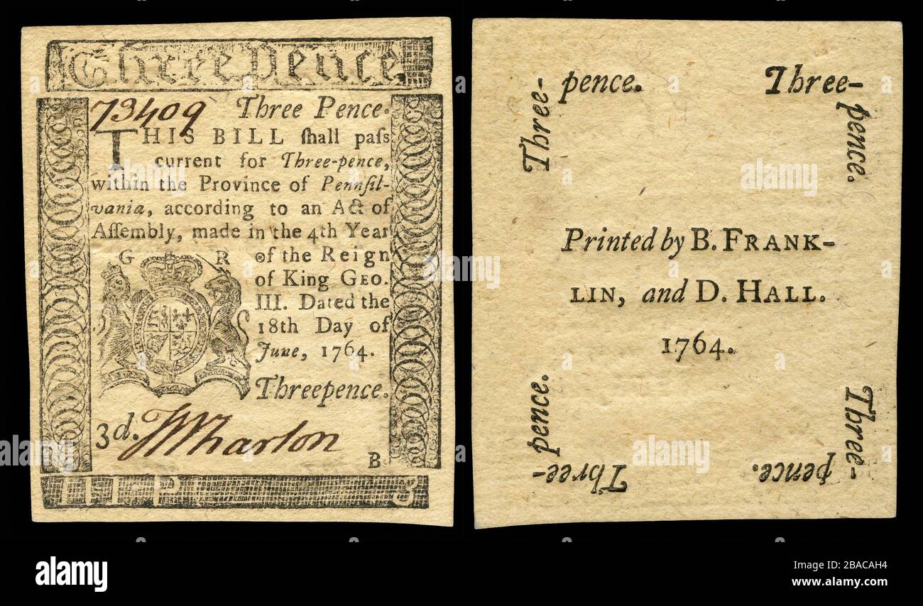 Front and back side of a three pence Colonial note of paper currency ...