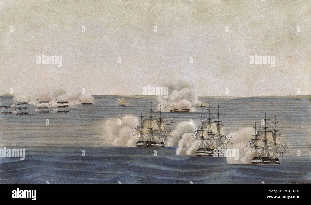War of 1812. British blockade of East Coast ports. Two British frigates ...