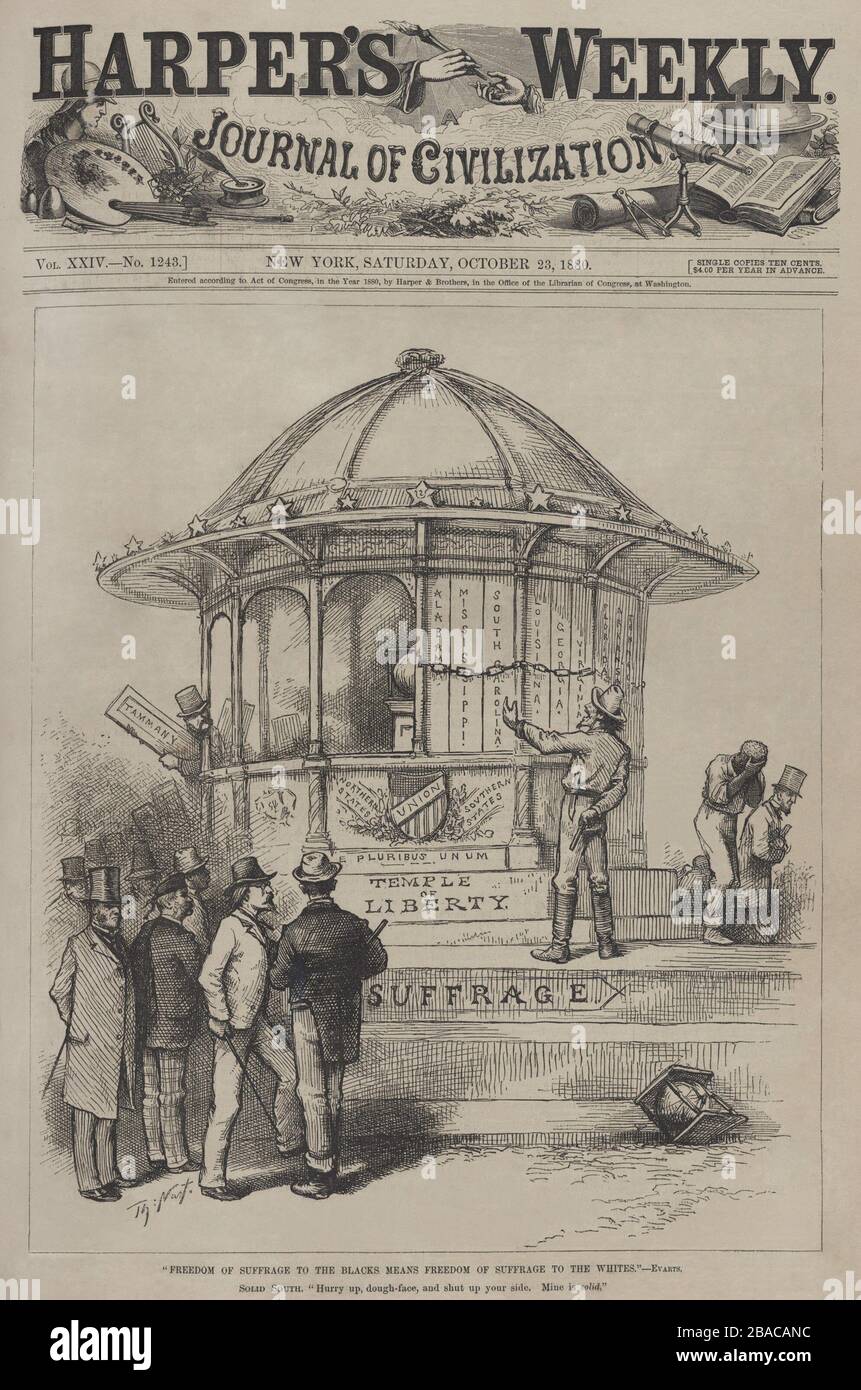 Thomas Nast 1880 political cartoon shows the Temple of Liberty boarded ...