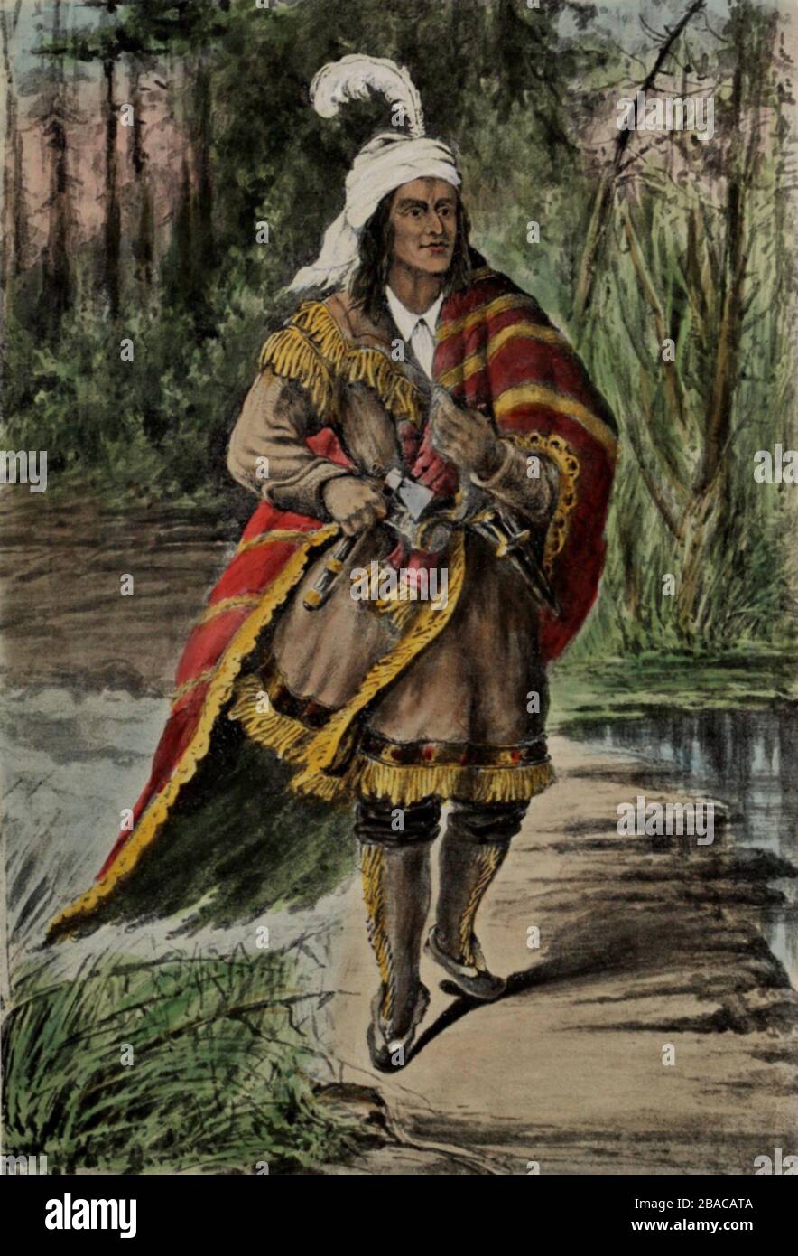 Shawnee Chief Tecumseh,wearing fringed buckskins, a blanket, and ...