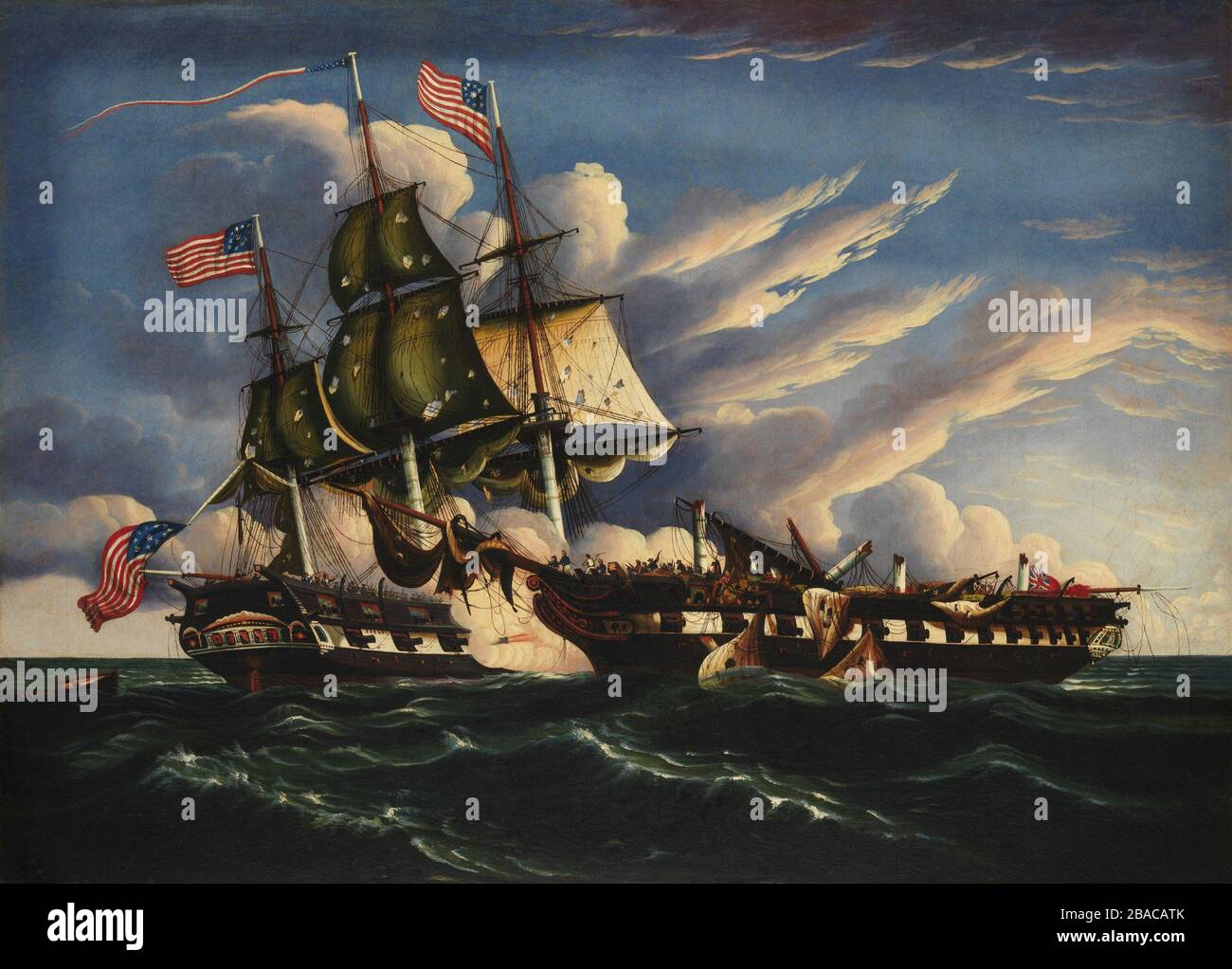 War 1812. USS Constitution in naval battle with HMS Guerriere, Aug. 19 1812. Constitution fires ...