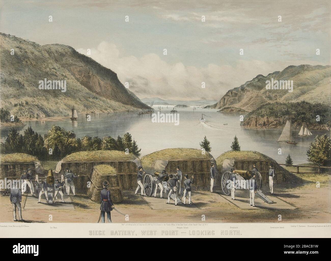 The Siege Battery at West Point, looking north, up the Hudson River ...