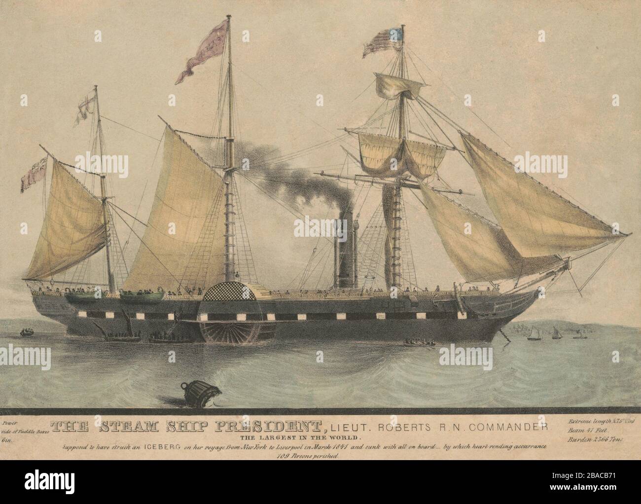 The largest steam ship in the world, the President, in 1840. The ...