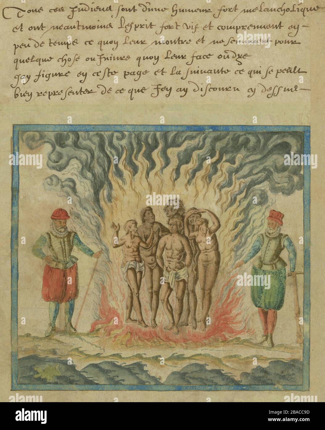 SPANIARDS BURN NATIVE AMERICANS, 1602, watercolor painting by Samuel de ...