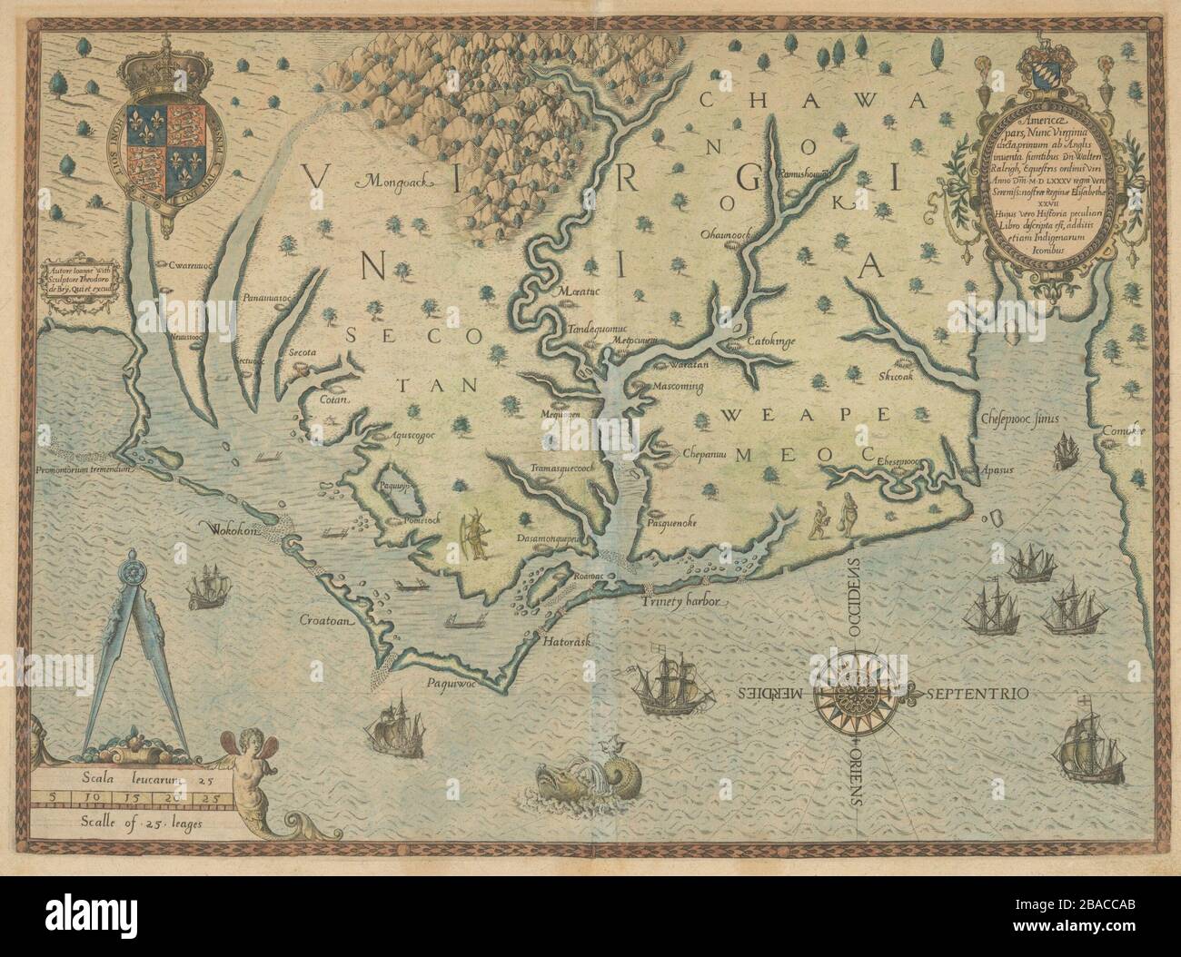 A 1595 map of the coast of Virginia and present-day North Carolina ...