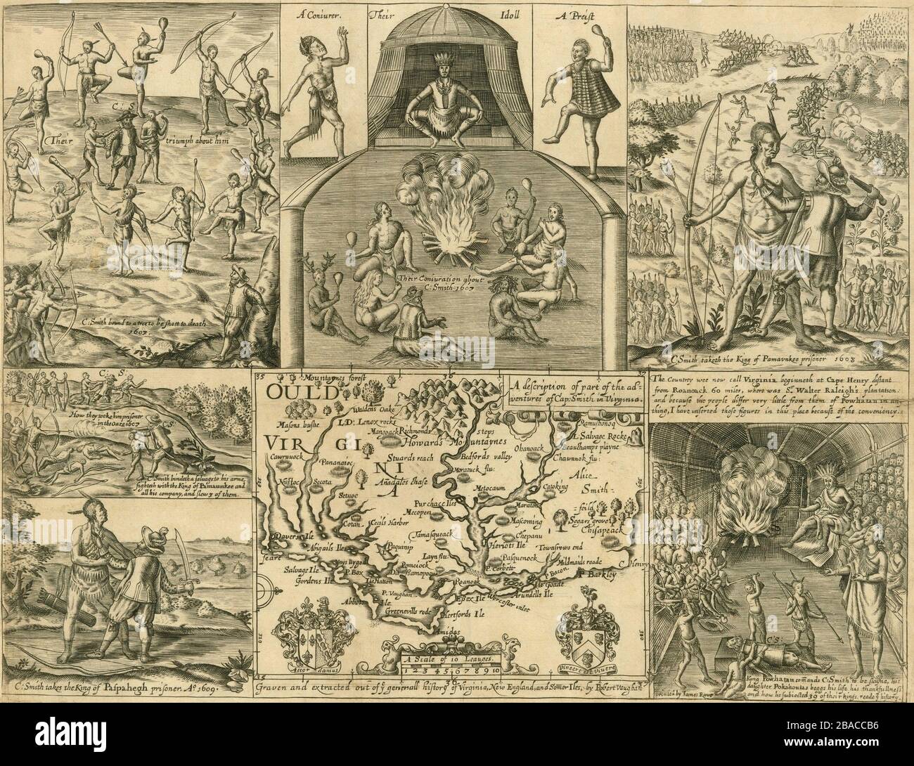 John Smith's adventures in Virginia are depicted in 6 scenes plus a map ...