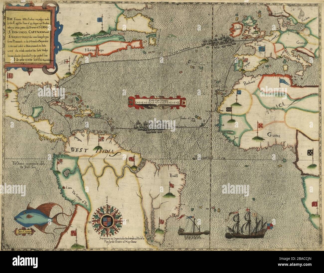 Map of Drake's Atlantic Expedition in 1585 by Giovanni Battista Boazio ...