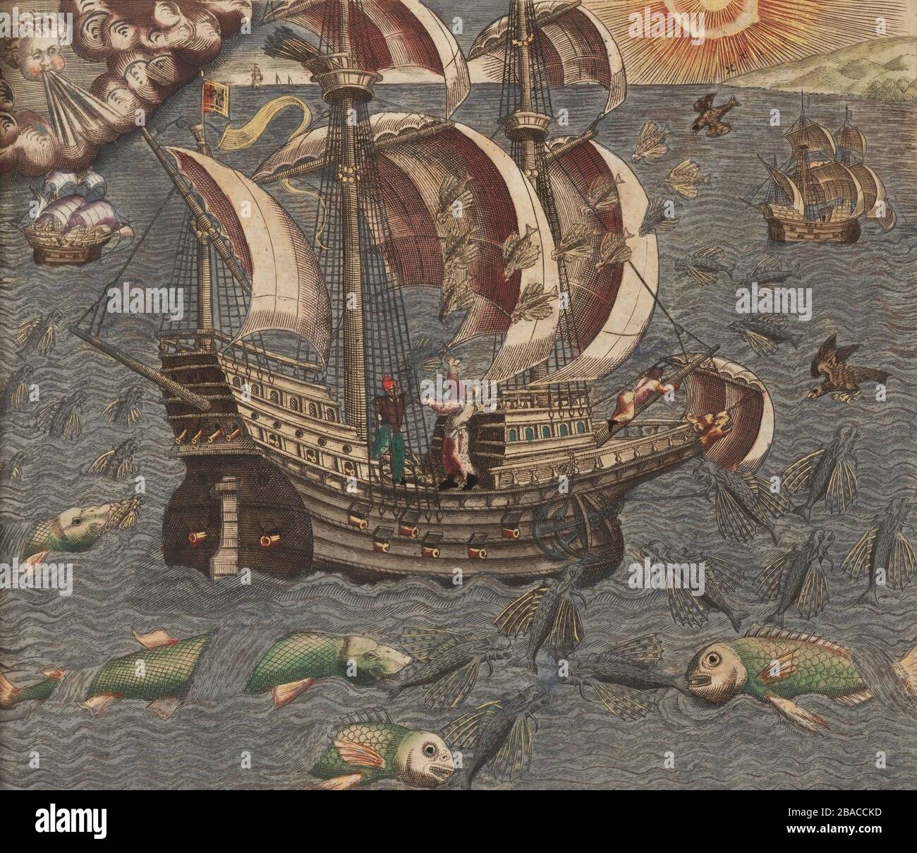 An armed sailing ship encounters winged flying fish on the Atlantic ...