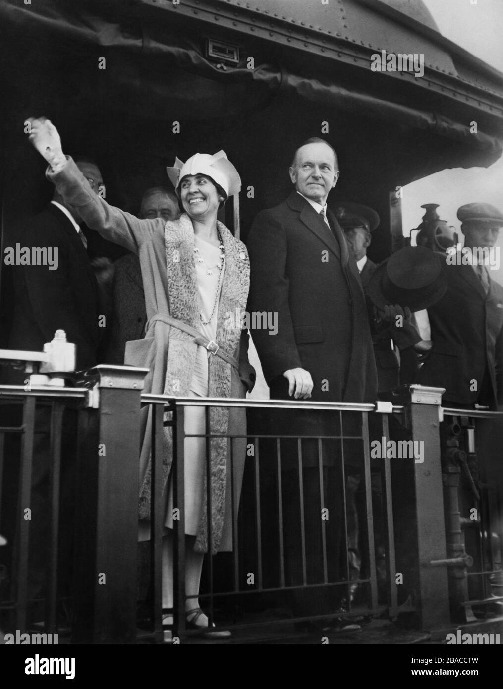 President Calvin Coolidge and Mrs. Grace Coolidge on back of train ...