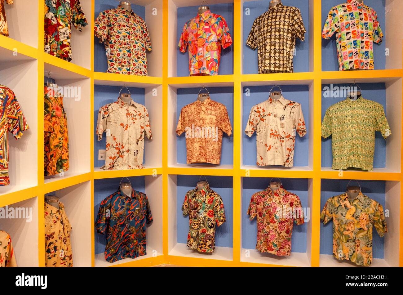 Collared aloha shirts in a souvenir shop in Sayulita, Mexico Stock ...