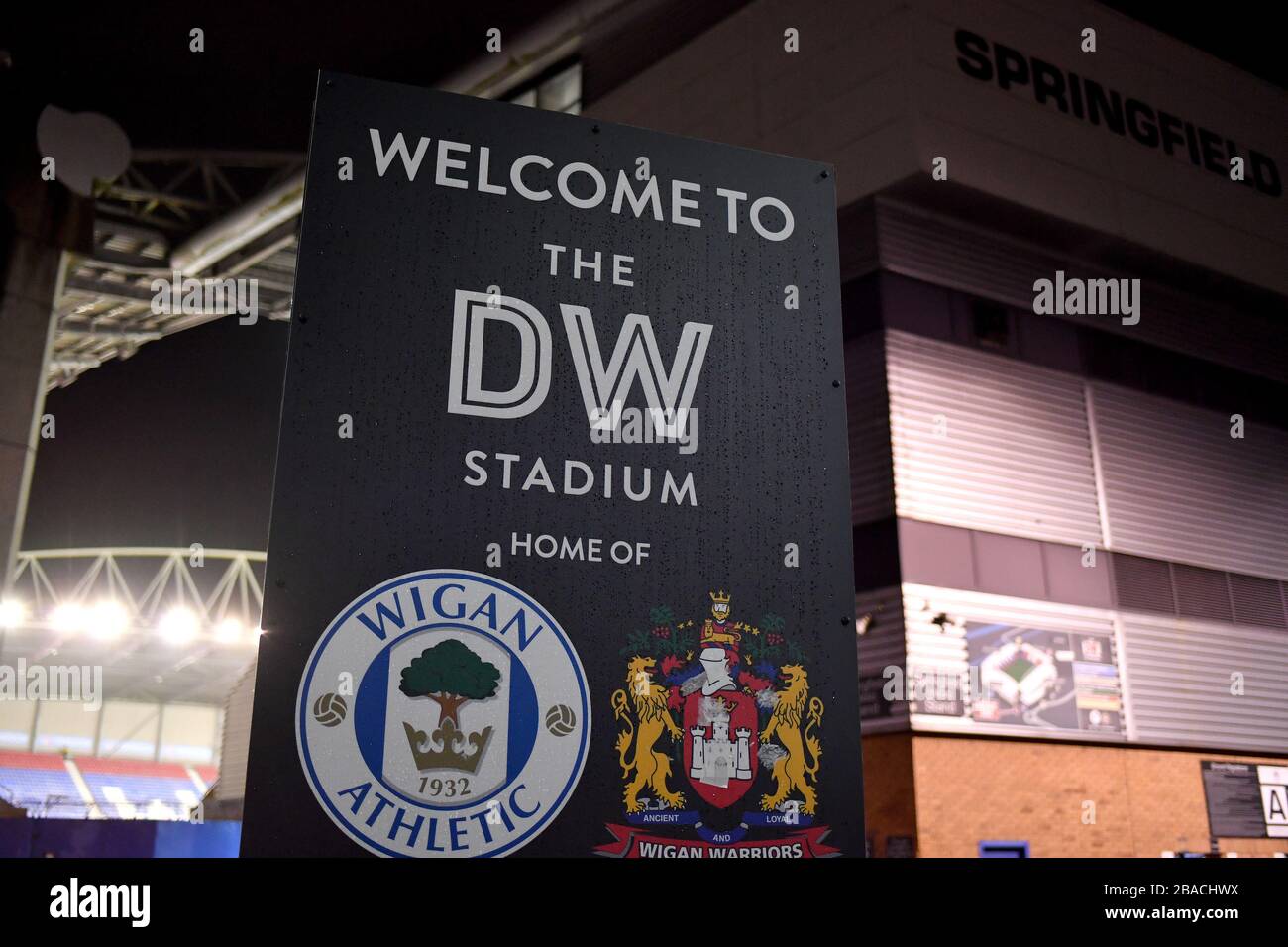 A general view of a DW Stadium welcome sign Stock Photo - Alamy
