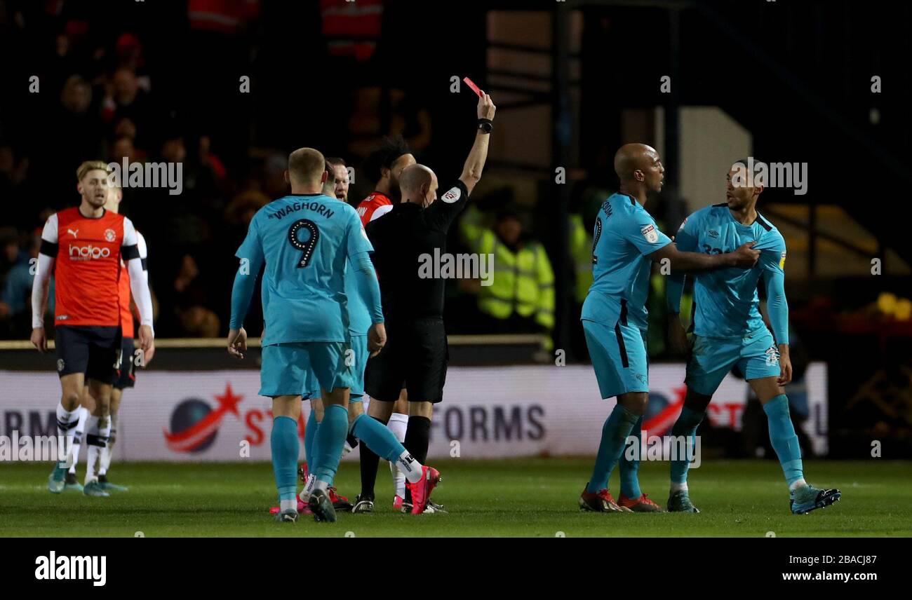 Derby County's Max Lowe is shown a red card Stock Photo - Alamy